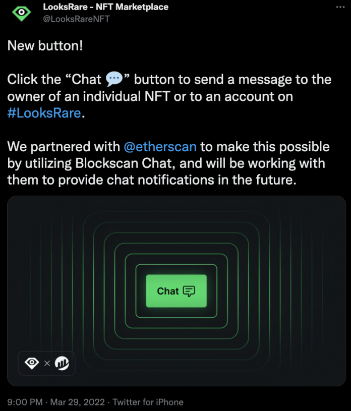 LooksRare採用Etherscan即時通訊平台Blockscan Chat，可直接與買家聯繫 | Anue鉅亨 - 鏈文